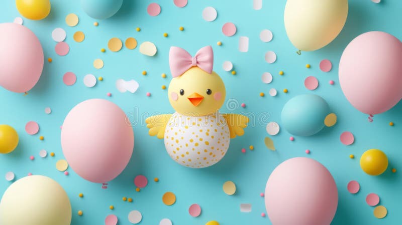 Cute Chick with Balloons Pastel Easter Scene Stock Illustration ...
