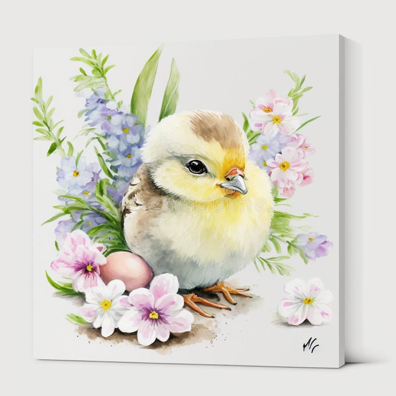 Cute Chick with Egg in Spring Flowers. Watercolor, Easter Card, Decor ...