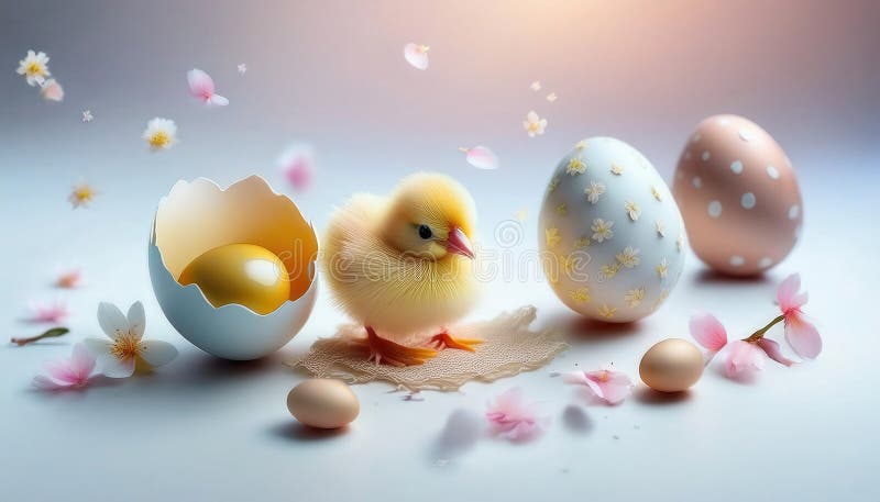 Cute Chick Hatches from Egg with Decorated Easter Eggs and Blossoms in ...