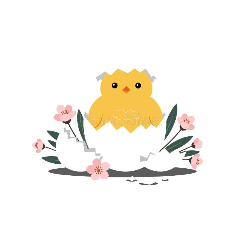 Cute Chick Hatching from Egg Surrounded by Flowers Flat Vector Art ...