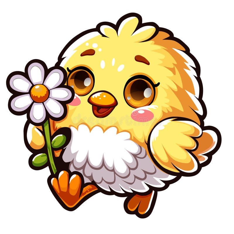 Cute Chick Holding Flower Cartoon Character Stock Vector - Illustration ...