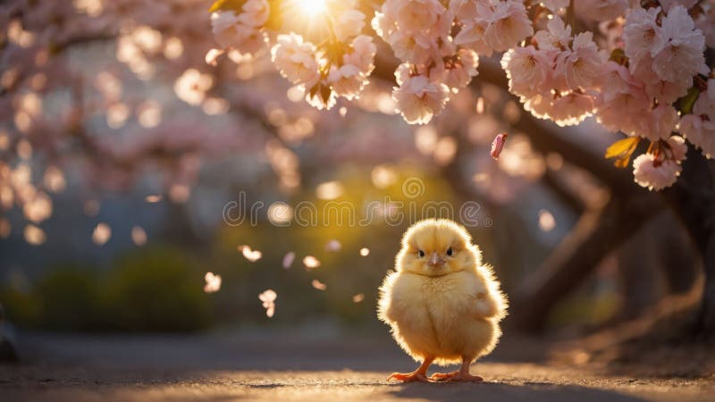 Adorable Baby Chick Under Spring Cherry Blossoms Stock Illustration ...