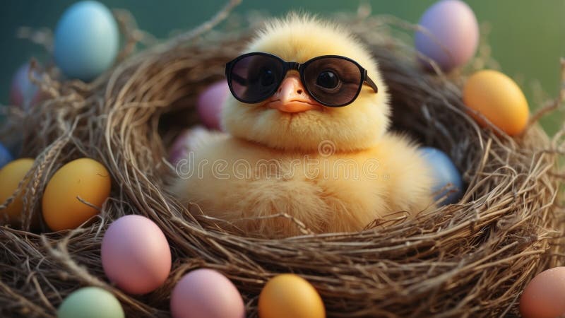Cute Chick in Sunglasses Sitting in Nest Easter Concept. Stock ...