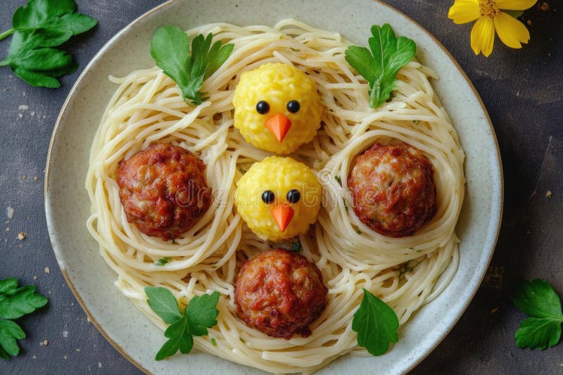 Cute Chickadee Spaghetti Nest, a Fun and Easy Meal for Kids Stock Photo ...