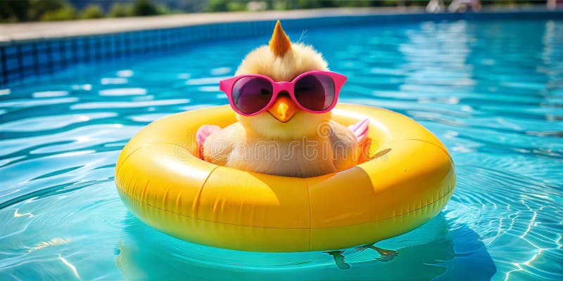 A Cute Chicken Wearing Sunglasses, Sitting on a Colorful Float in a ...