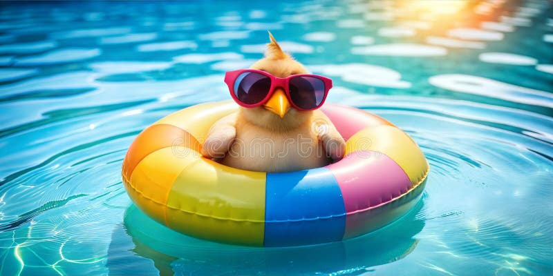 A Cute Chicken Wearing Sunglasses, Sitting on a Colorful Float in a ...