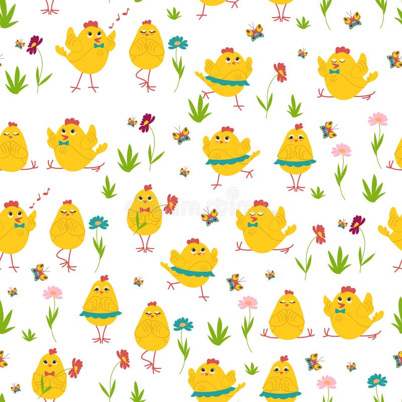 Cute Chickens in Different Poses, Flowers and Butterflies Seamless Pattern. Easter Chickens ...