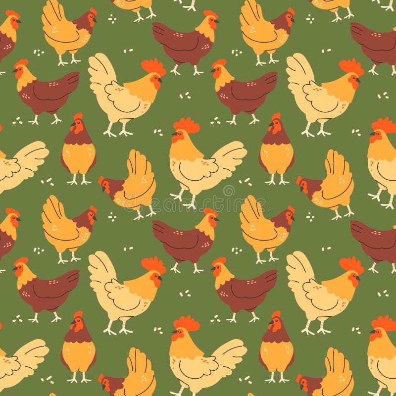 Cute Chickens Seamless Pattern on Green Background Stock Vector ...