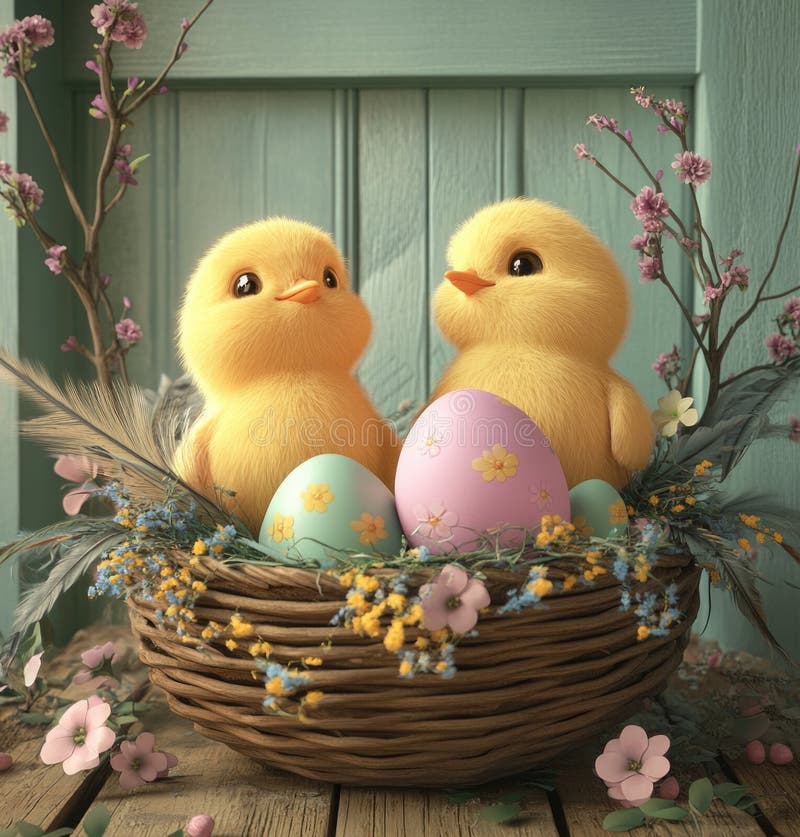 Cute Chicks and Colorful Easter Eggs in a Floral Basket. Happy Easter Stock Photo - Image of ...