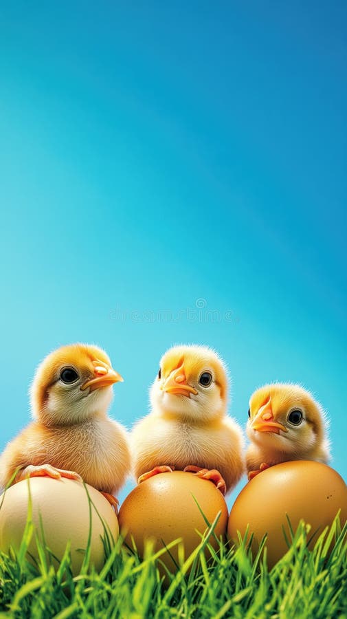 Cute Chicks Hatching from Eggs on Green Grass Under Bright Blue Sky ...