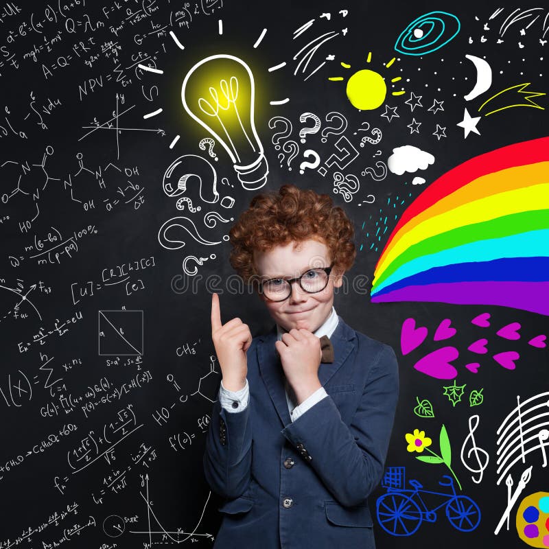 Cute Child Boy Thinking and Pointing Up on Lightbulb. Brainstorming and ...