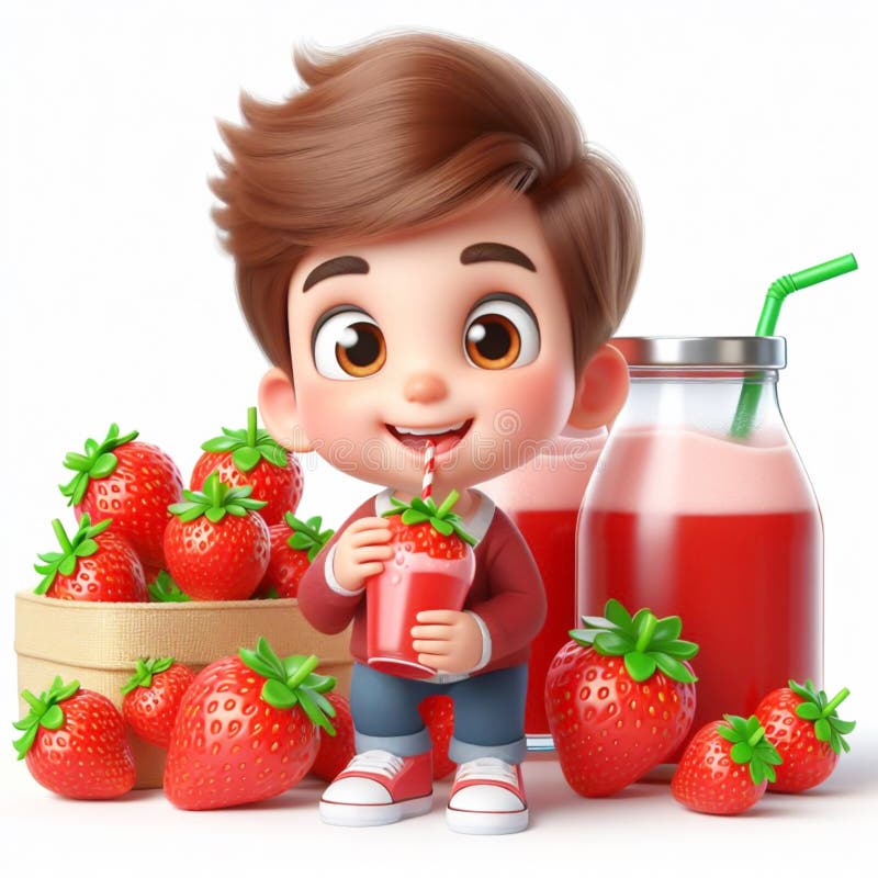 Cute Child Cartoon Drinking Strawberry Juice. AI Generated Stock ...