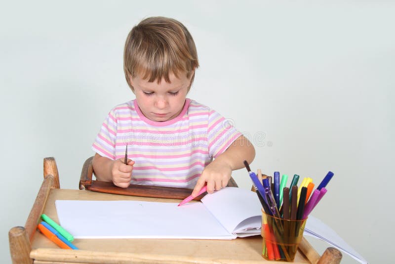 Cute Child Drawing Over White Stock Photo - Image of adorable, child ...