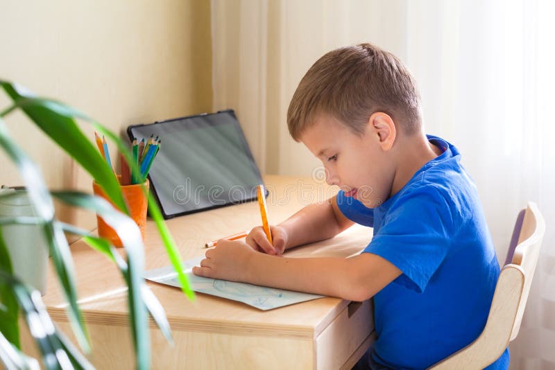 Cute Child Drawing Picure at Home Stock Image - Image of person ...