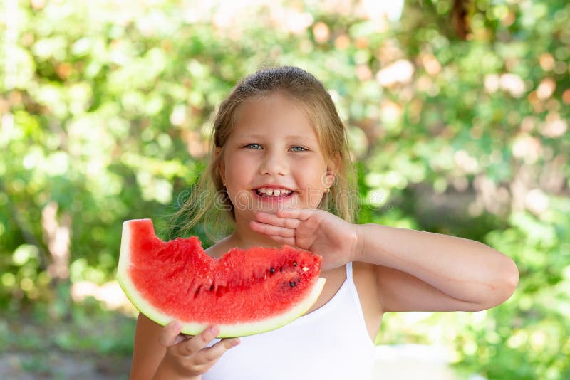 Cute Child Girl Eats Watermelon. Stock Image - Image of texture, smile: 339118773