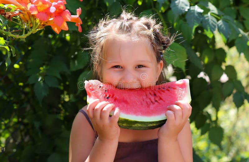 Cute Child Girl Eats Watermelon. Stock Photo - Image of large, resort ...