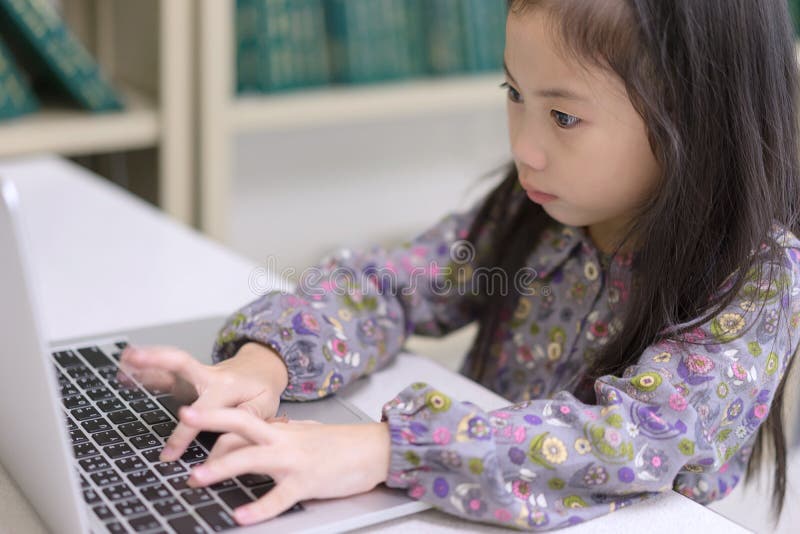 Cute Child Girl Using Computer Laptop. Stock Image - Image of learn ...