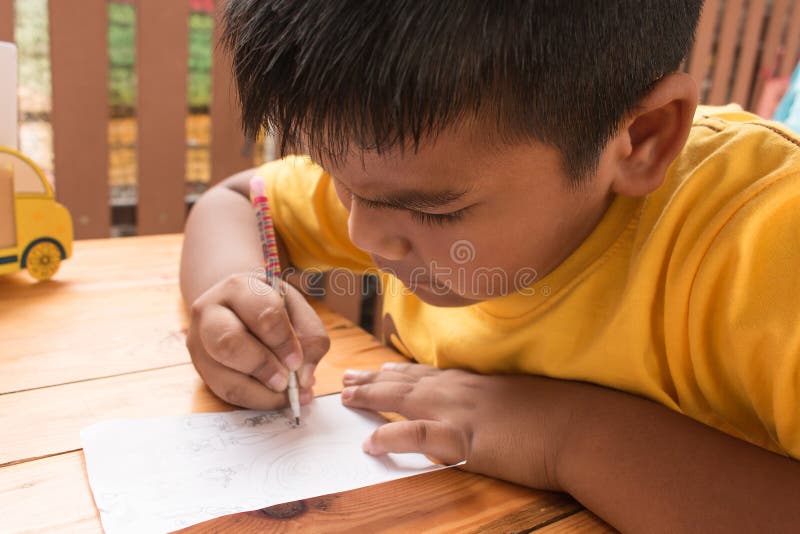 Cute Child Little Boy Doing Homework on Table Stock Image - Image of ...