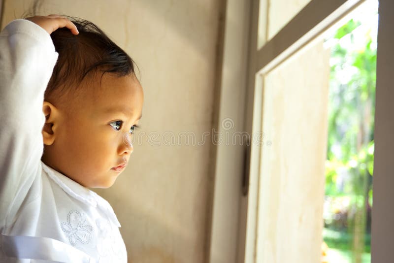 Cute Child Looking Out the Window Stock Image - Image of asian, toddler ...