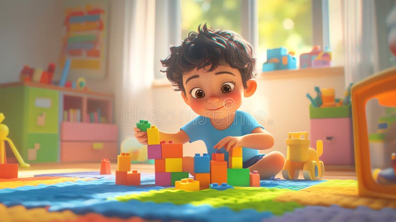 Cute Child Playing with Blocks 3D Illustration Stock Illustration ...