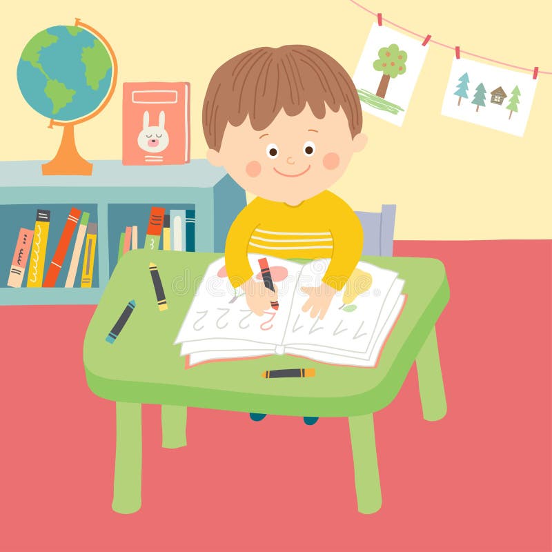 Cute Child in School Classroom Sitting at Desk and Writing. Stock ... Cute Child in School Classroom Sitting at Desk and Writing. Stock ...