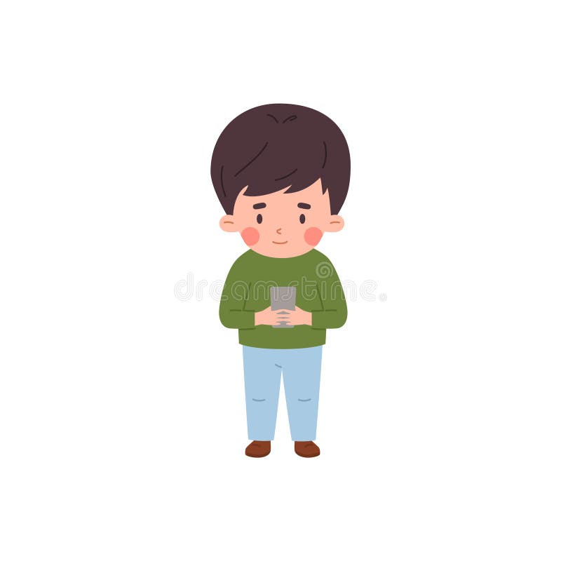 Cute Child Standing and Looking at the Smartphone, Vector Little Boy ...