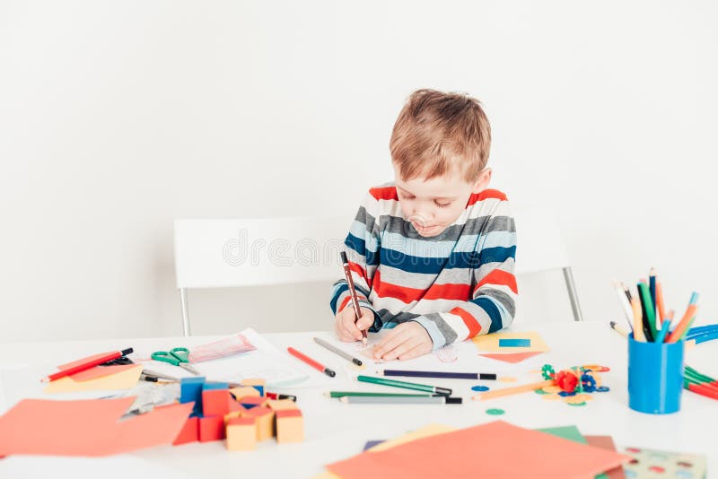 Cute Child Study Drawing at the Table Stock Image - Image of homework ...