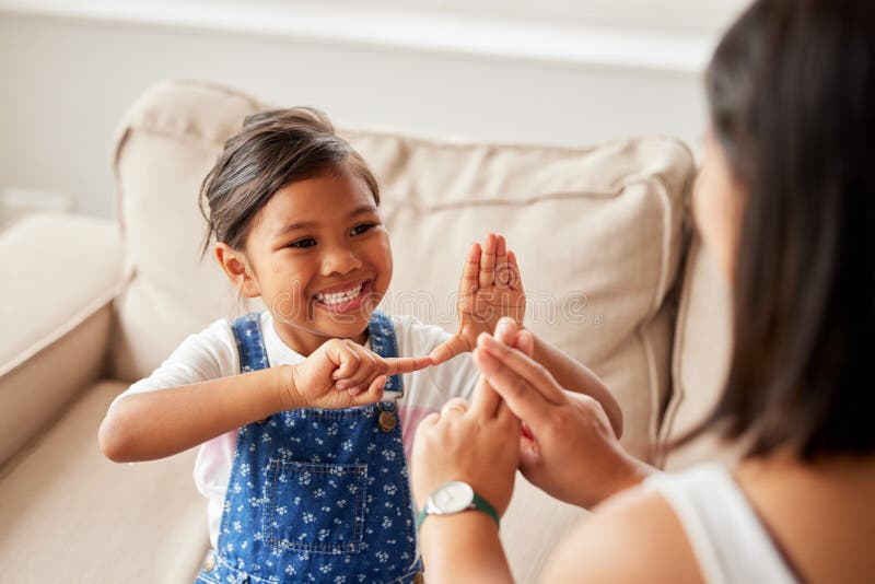 Sign Language, Learning and Girl Kid with Her Mother in the Living Room ...