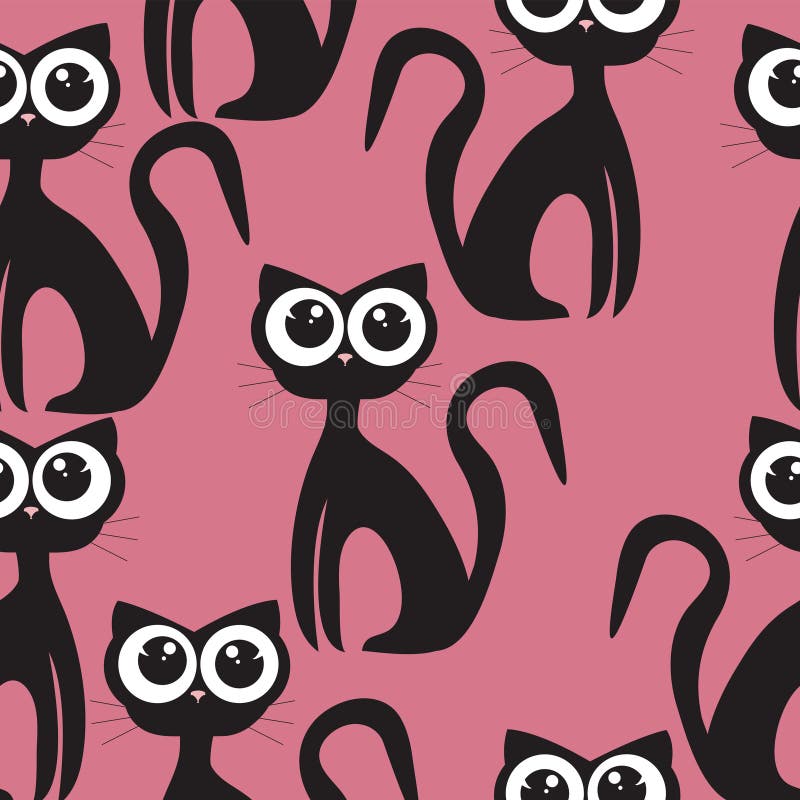 Cute Childish Kitty Pattern with Huge Eyes on Pink Background Stock ...