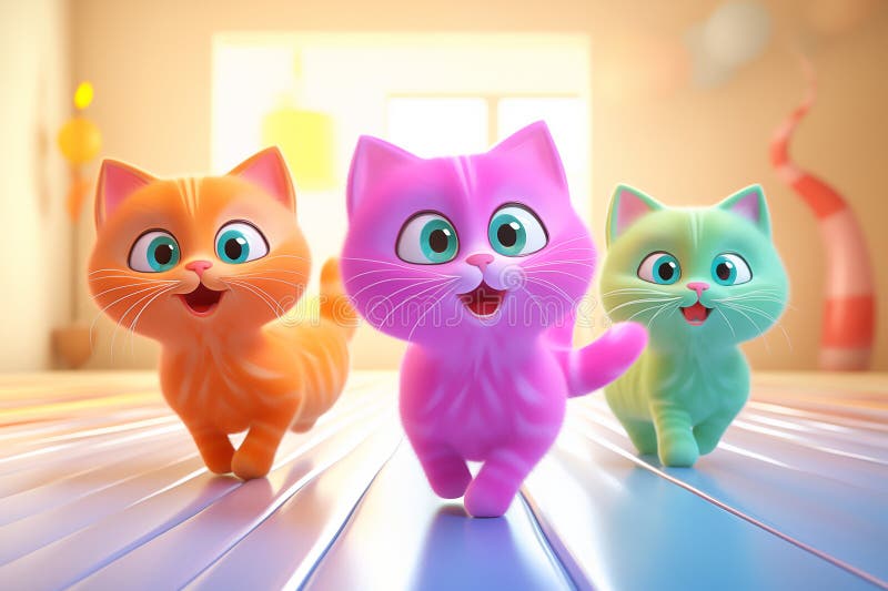 Cute and Childlike 3D Animation of Three Cats Stock Illustration ...
