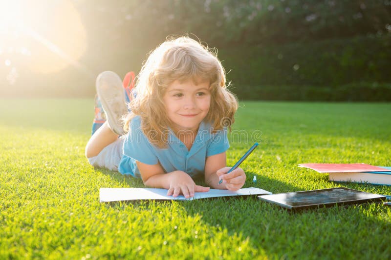Cute Childr Boy Writing Notes in Copybook Outdoors. Summer Camp. Kids ...