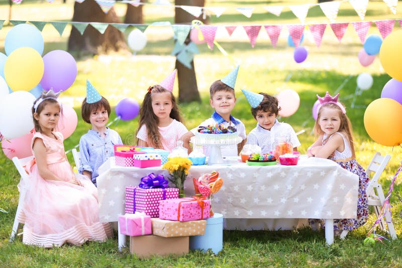 Cute Children Celebrating Birthday Outdoors Stock Photo - Image of ...