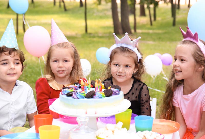 Cute Children Celebrating Birthday Outdoors Stock Image - Image of ...