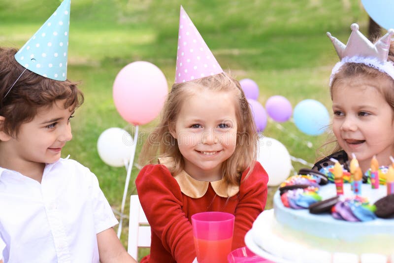 Cute Children Celebrating Birthday Outdoors Stock Photo - Image of gift ...
