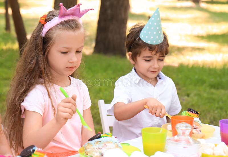 Cute Children Celebrating Birthday Outdoors Stock Photo - Image of gift ...
