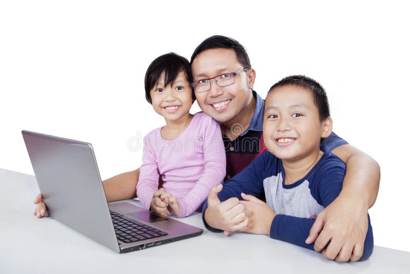 Cute Children and Dad with Laptop on Table Stock Image - Image of girl ...