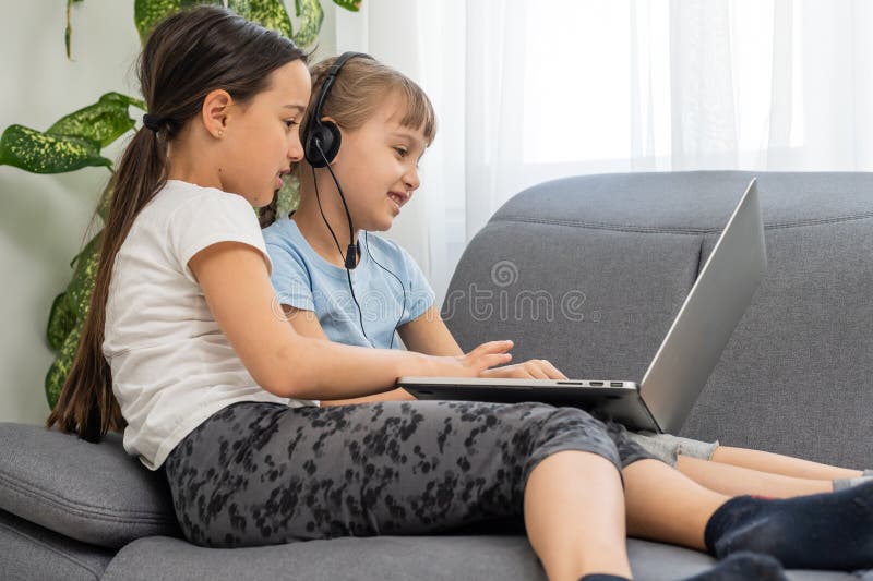Cute Children Doing Homework with Laptop. Stock Image - Image of ...