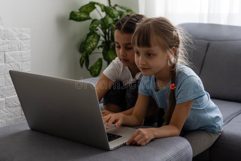 Cute Children Doing Homework with Laptop. Stock Image - Image of ...