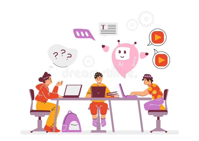 Cute Children Doing Homework with Pink Assistant Robot Character Stock ...