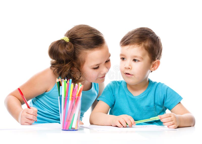 Cute Children is Drawing on White Paper Stock Photo - Image of cute ...