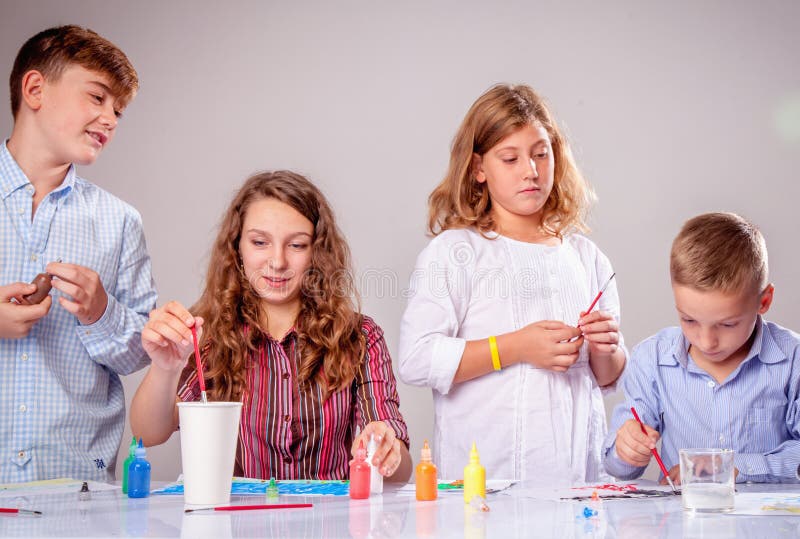 Cute Children Painting Pictures. Horizontal Image. Art, Education ...