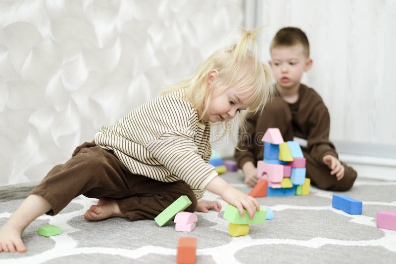 Cute Children Playing with Cubes and Blocks Stock Photo - Image of ...