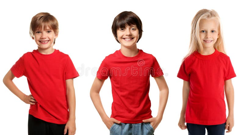 Cute Children in Red T-shirts on White Background Stock Image - Image ...