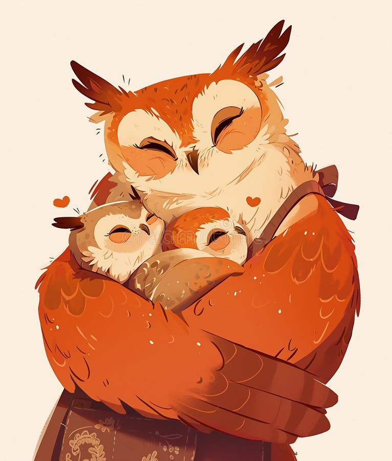Cute Children S Illustration of a Bird Owl in an Apron Hugging Her ...