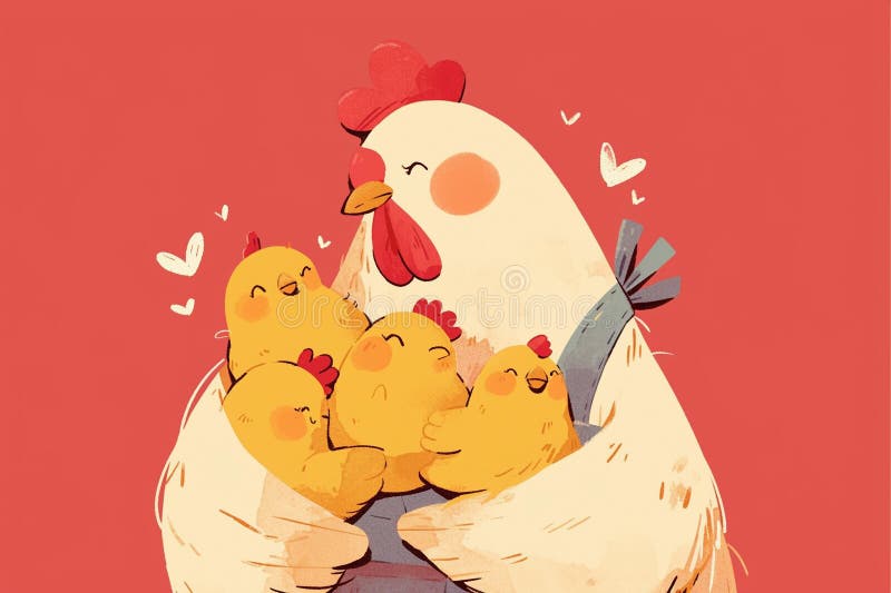 Cute Children S Illustration of a Hen in an Apron Hugging Her Chicks ...