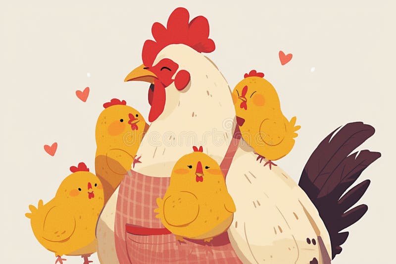 Cute Children S Illustration of a Hen in an Apron Hugging Her Chicks ...