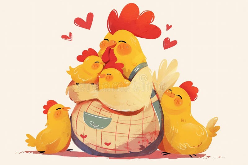 Cute Children S Illustration of a Hen in an Apron Hugging Her Chicks ...