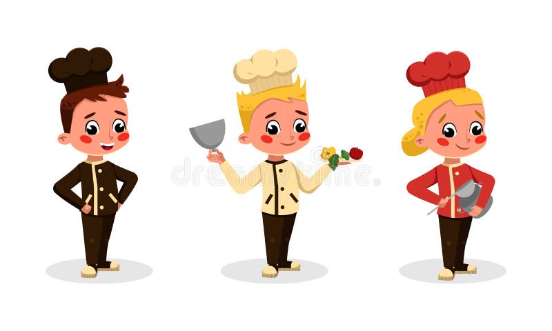 Cute Children in Uniform with Kitchen Tools Set Cartoon Vector ...