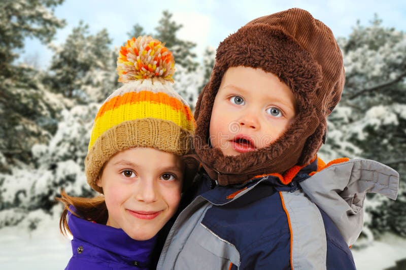 Cute Children in Winter Forest Stock Image - Image of funny, holiday ...