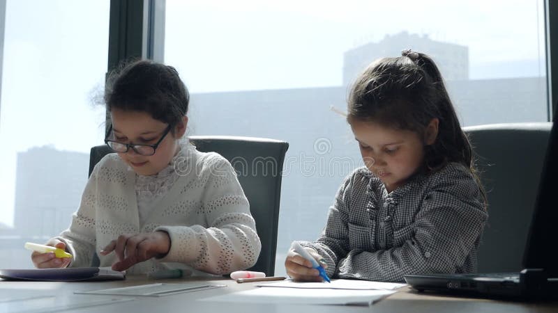 Cute Children Work with Documents in the Workplace, in a Modern Office ...